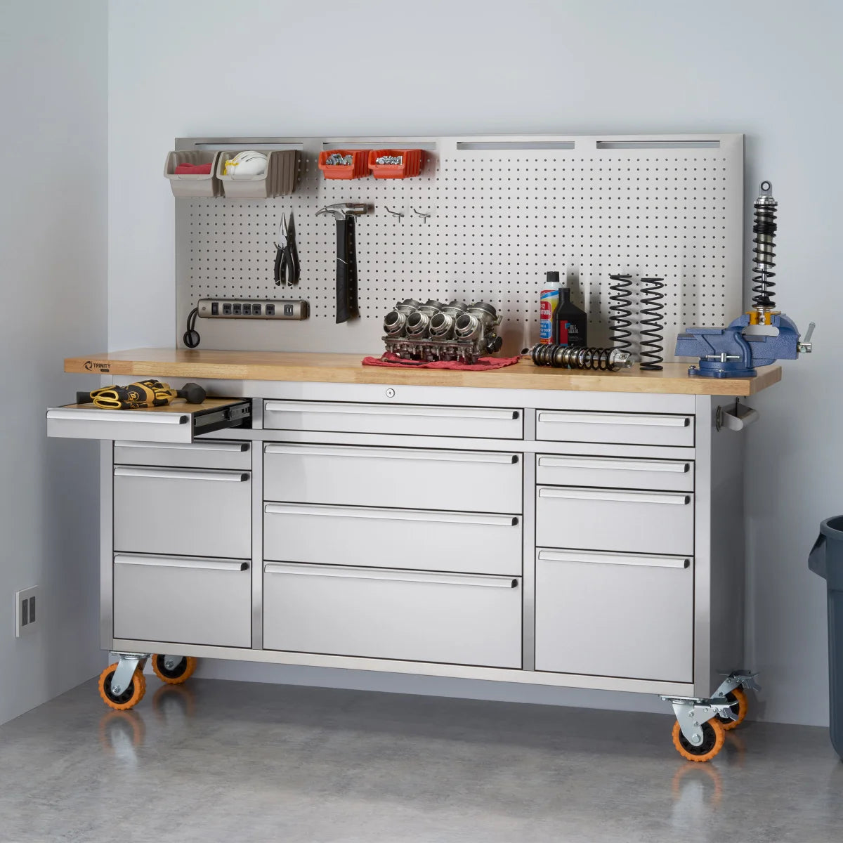 Trinity 72 in. Stainless-steel Rolling Workbench with Pegboard