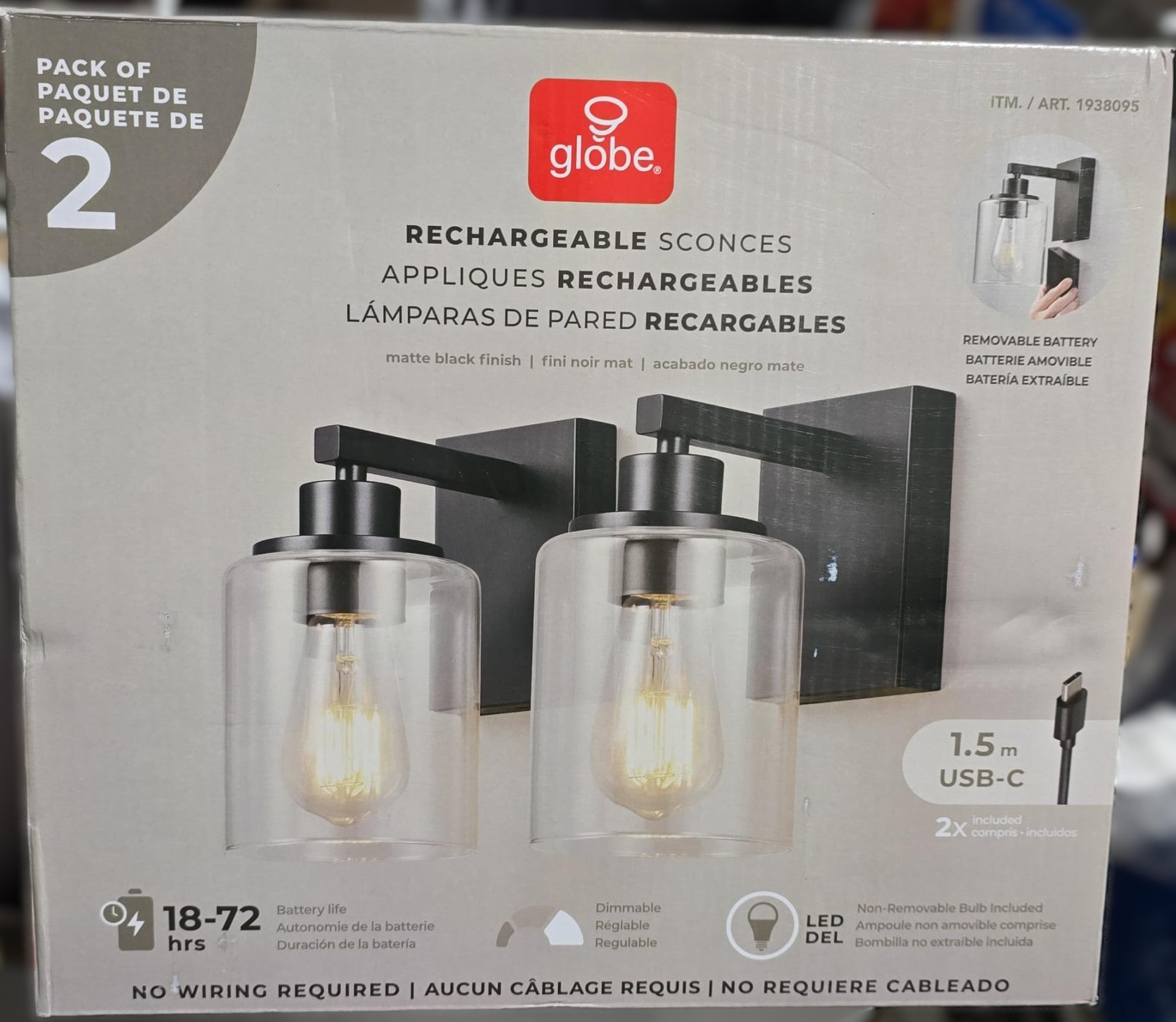 Globe Electric Rechargeable Glass Wall Sconce, 2-pack